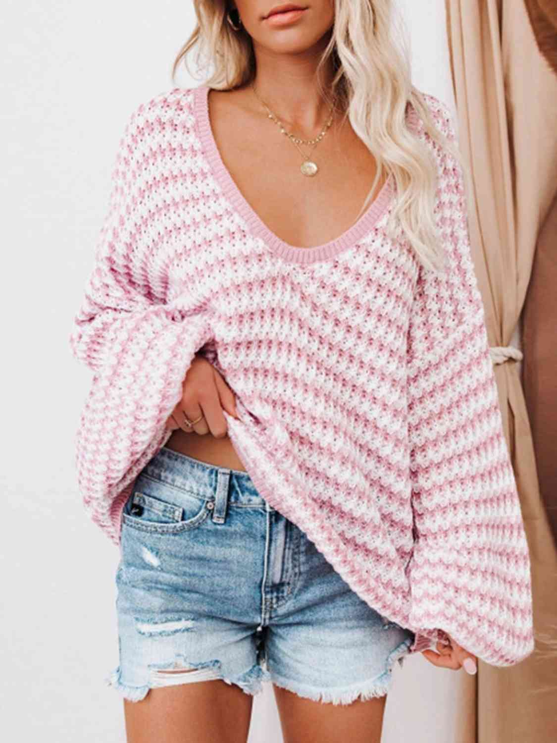 Striped Drop Shoulder V-Neck Sweater – Karmony